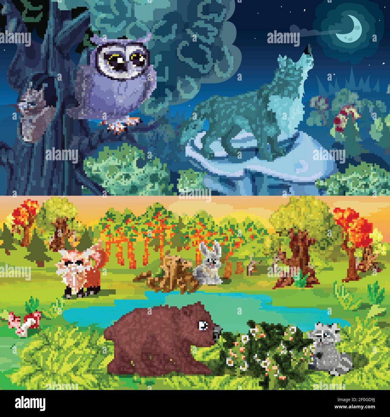 Woodland animals horizontal banners with night forest life and beasts ...