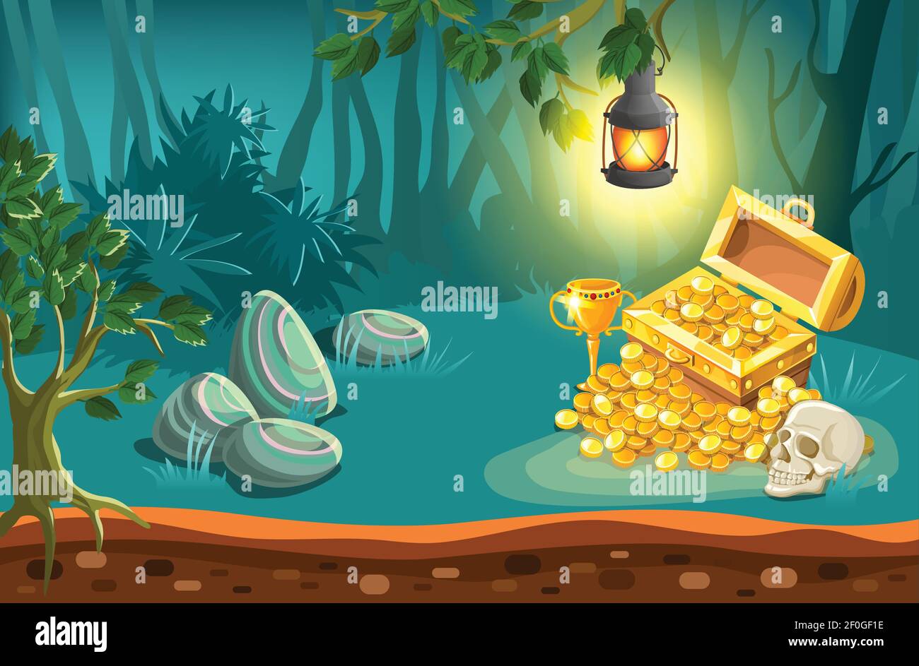 Treasure chest with cup golden coins and skull under lantern on fantasy ...