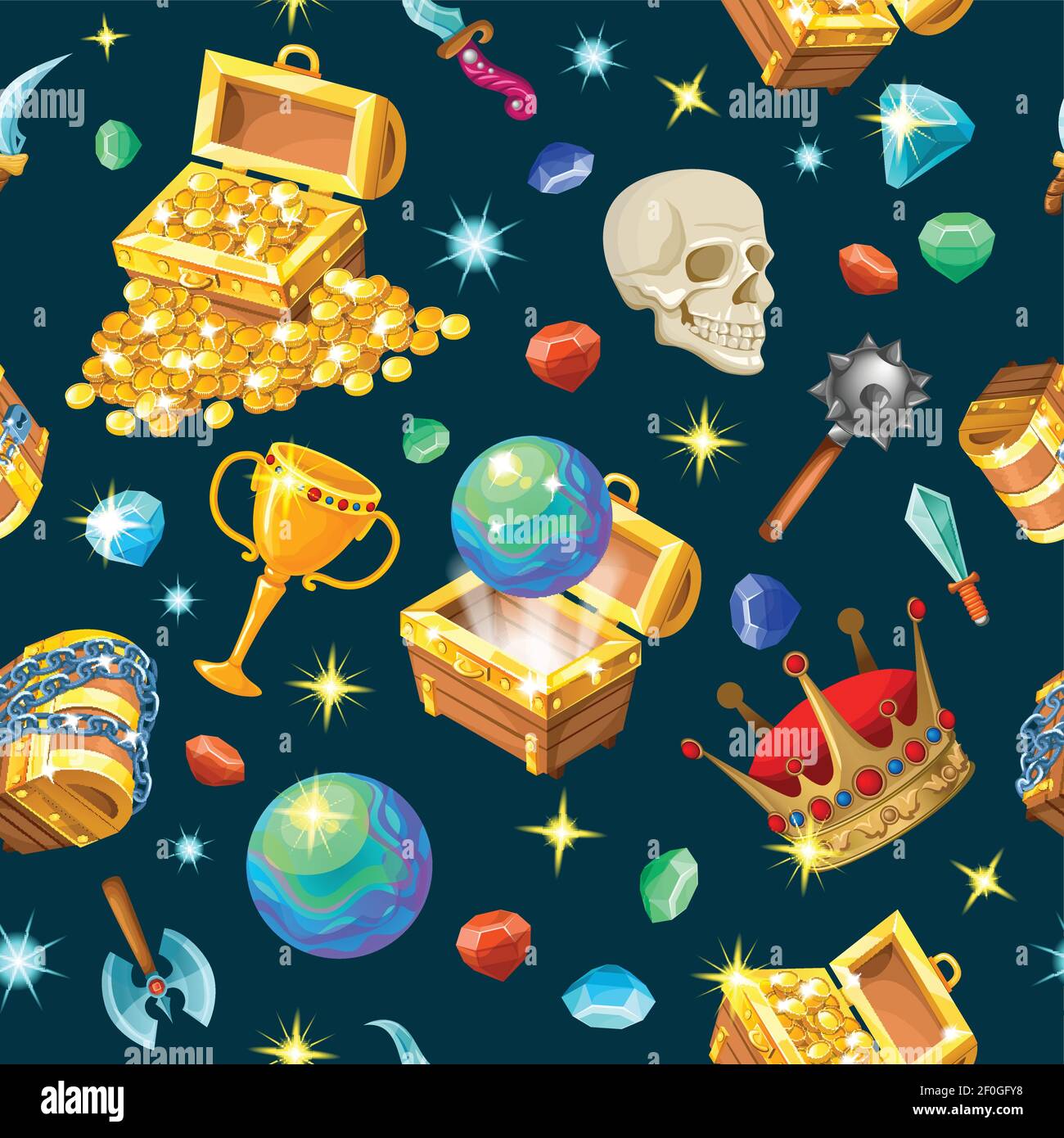 Treasure chests isometric seamless pattern with gemstones skull weapon ...