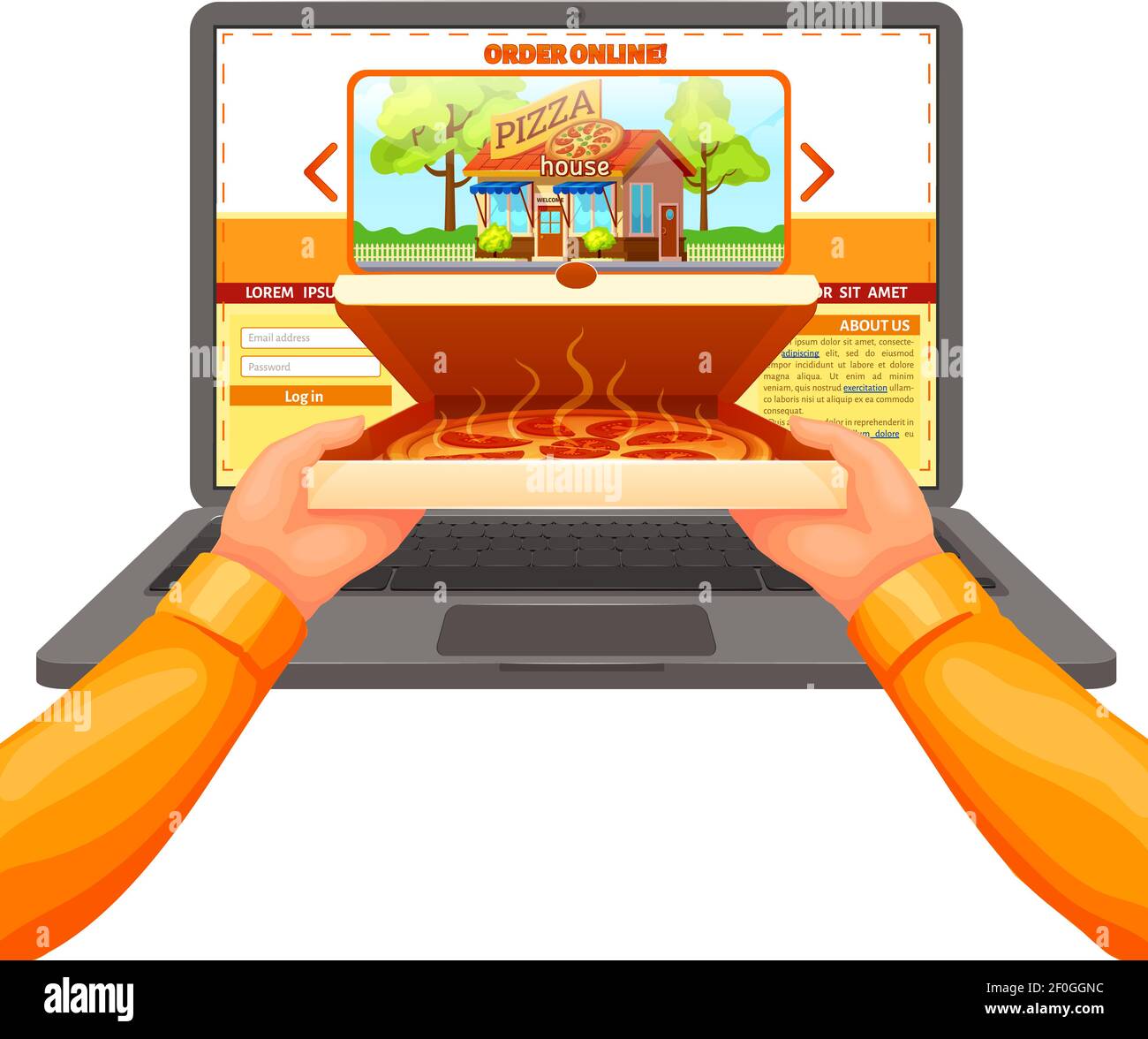 Abstract web pizza delivery composition with laptop from which we ...
