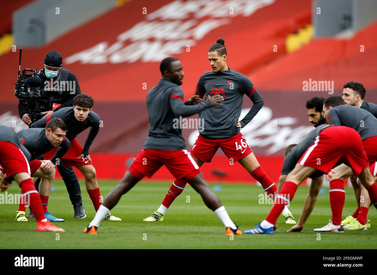 Liverpool's Rhys Williams warming up before the Premier League match at ...