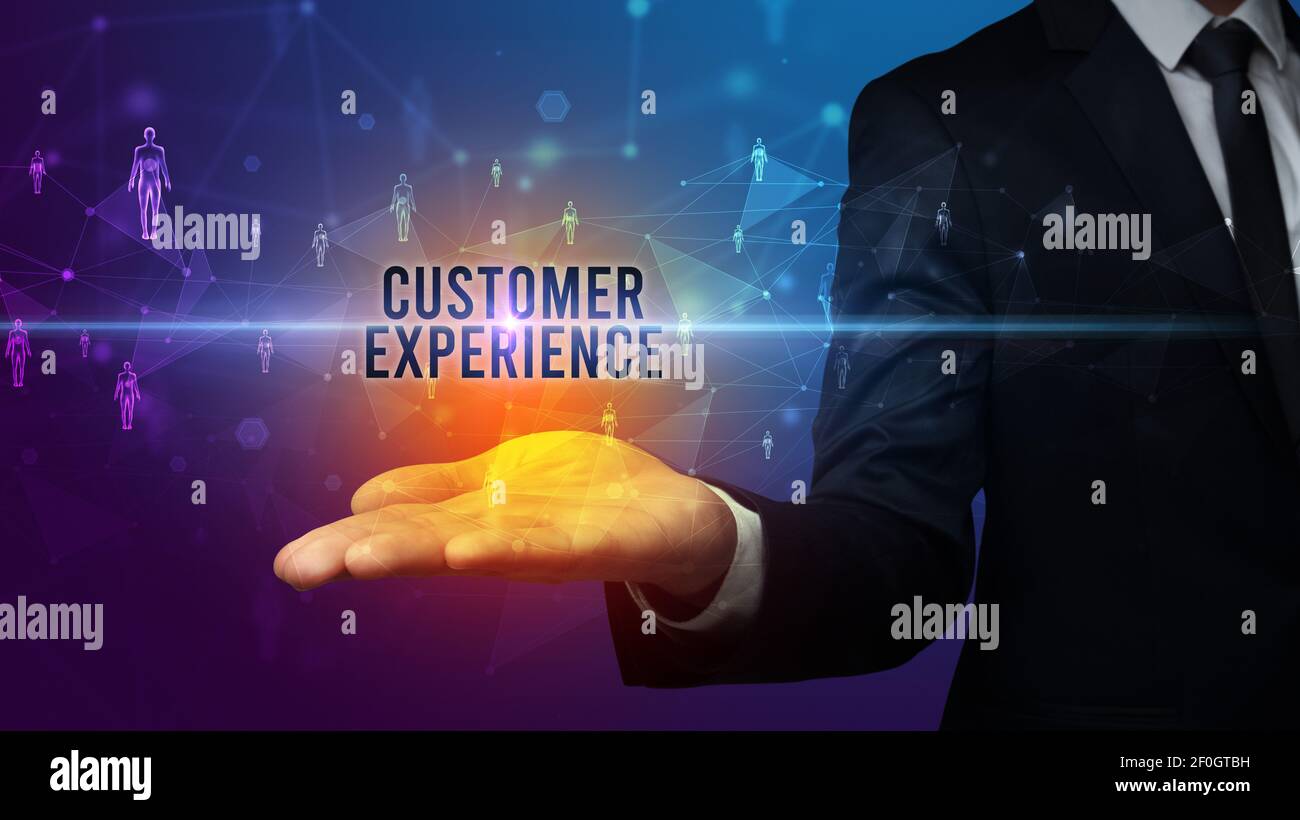 Elegant hand holding CUSTOMER EXPERIENCE inscription, social networking ...