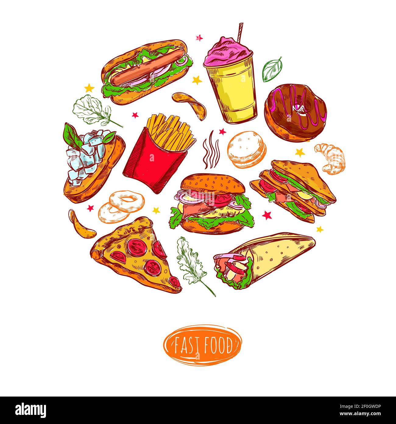 Fast food isolated colorful hand drawn elements in a round composition ...