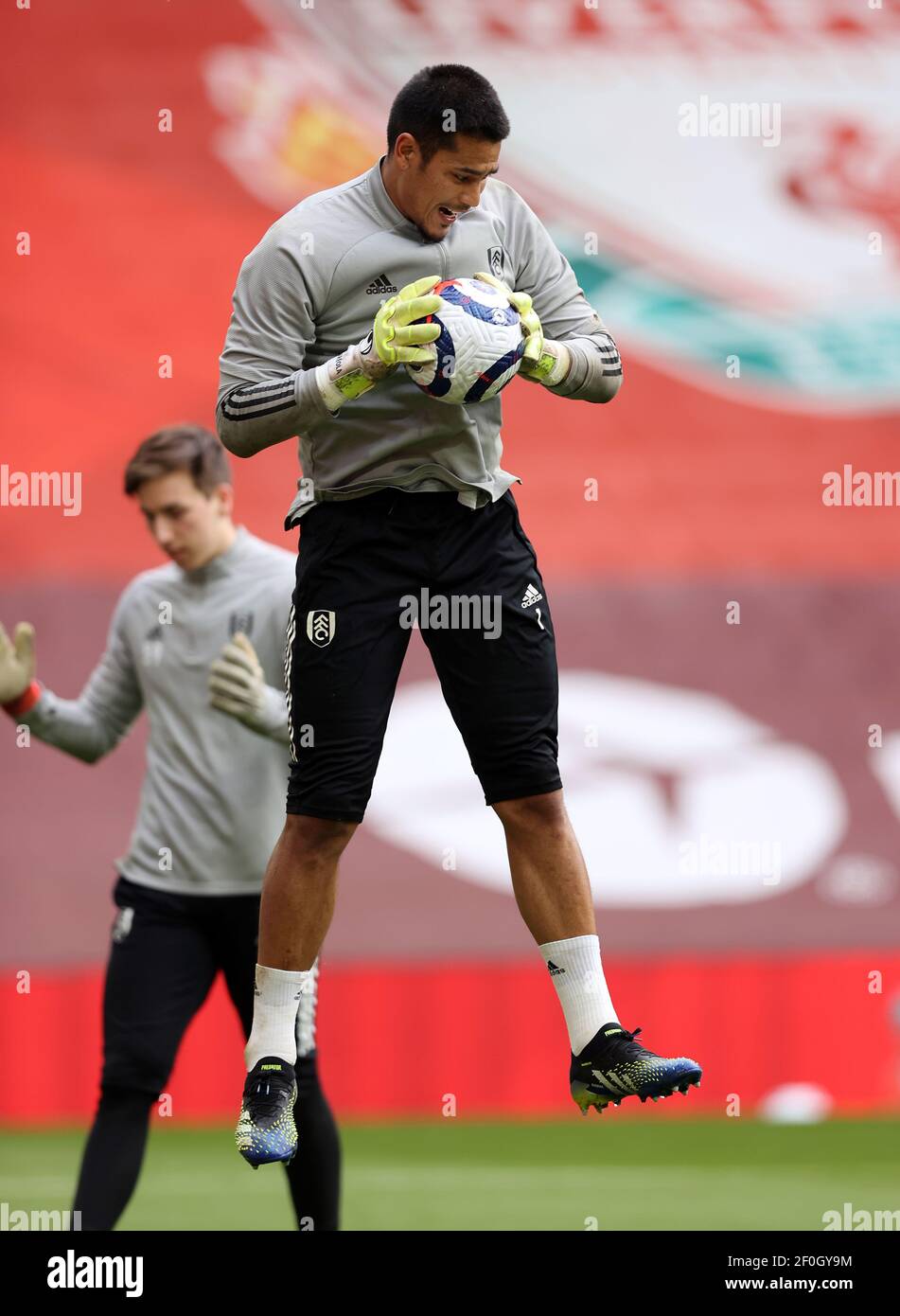 Fulham goalkeeper Alphonse Areola warms up before the Premier League ...