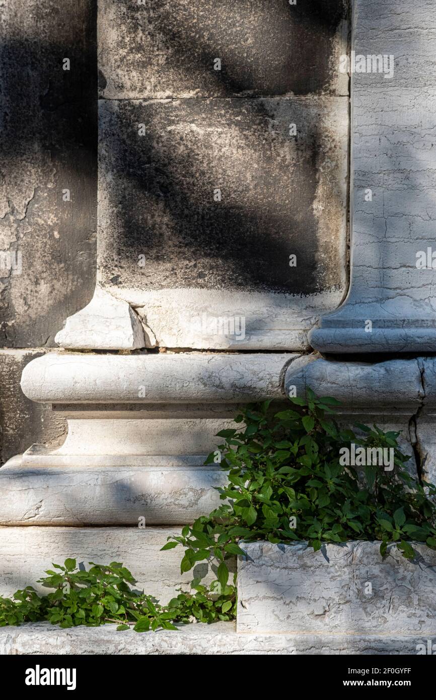 Venice, Italy. Crumbling pillars on building, weeds growing at the base ...