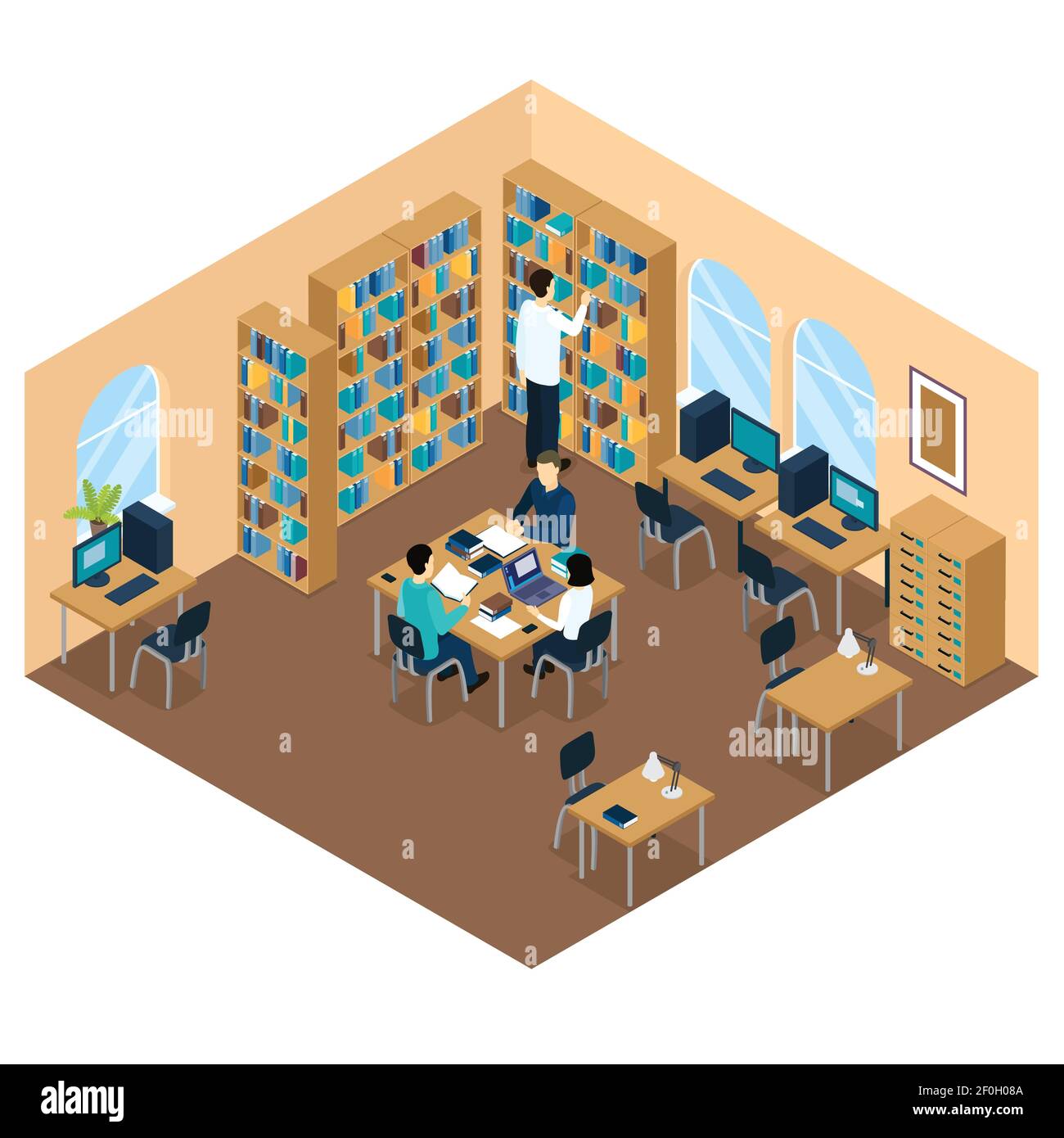 Education library isometric student composition preparing for the ...