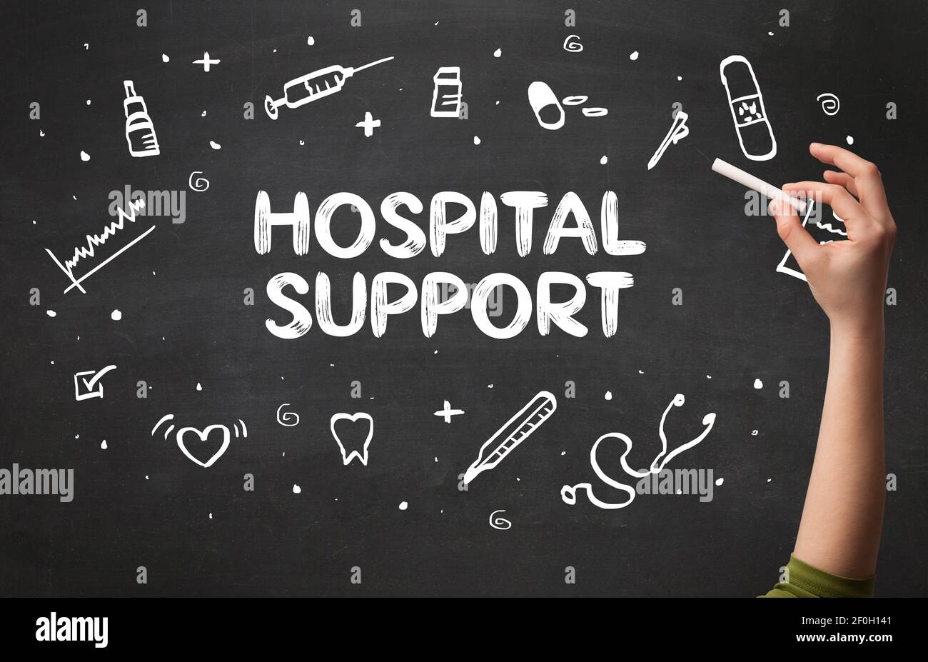 Hand drawing HOSPITAL SUPPORT inscription with white chalk on ...