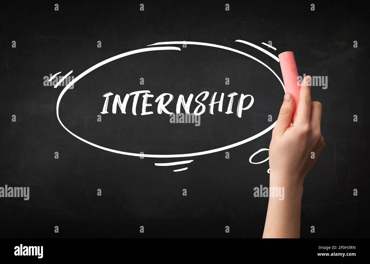 Hand drawing INTERNSHIP inscription with white chalk on blackboard ...