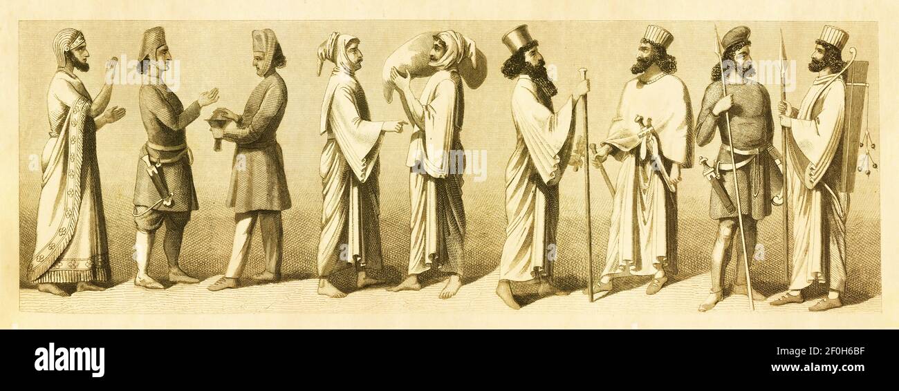 Antique engraving of costumes from Persia. From left to right: 1 ...