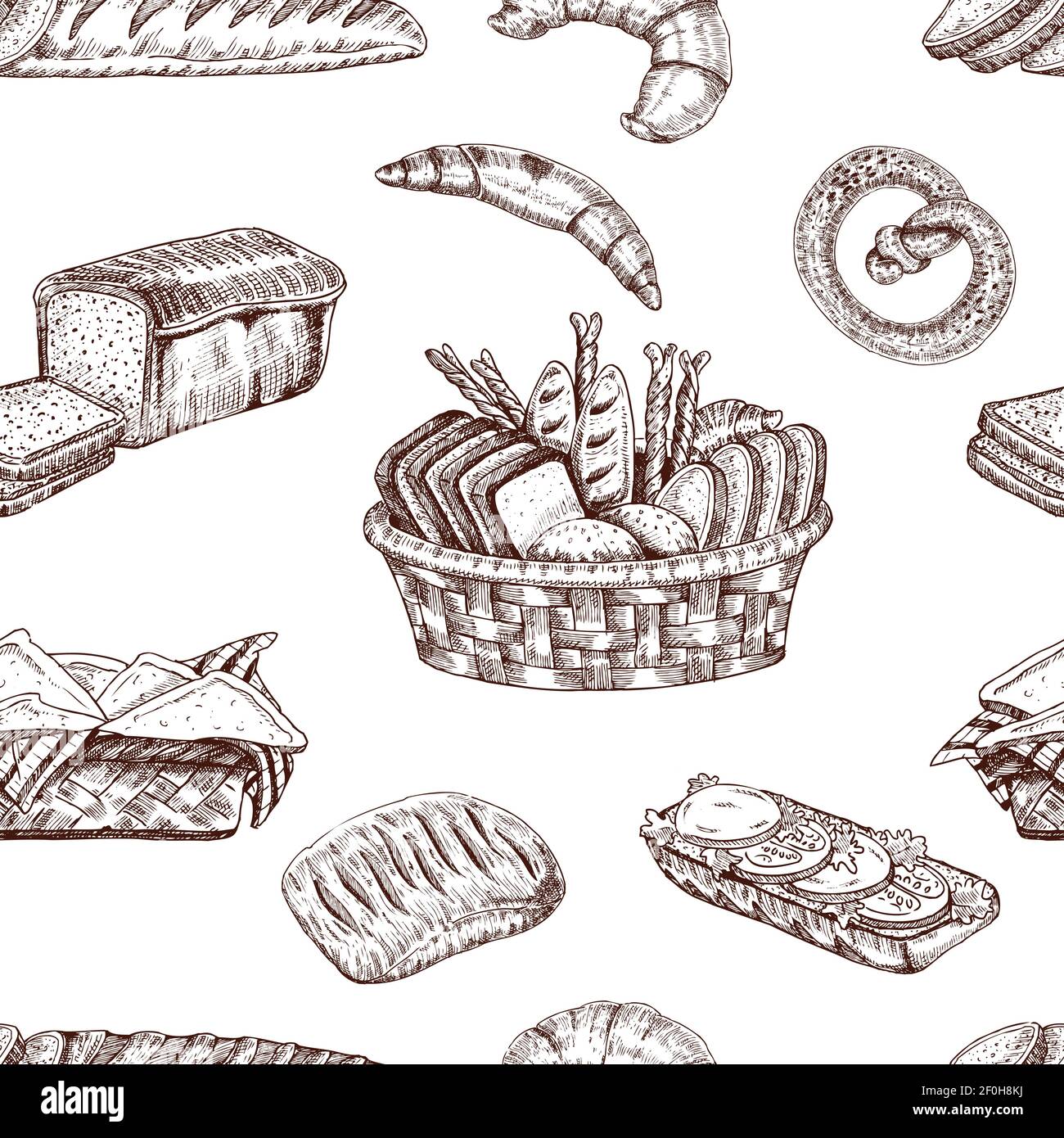 Bakery hand drawn seamless pattern with bread basket ciabatta and ...