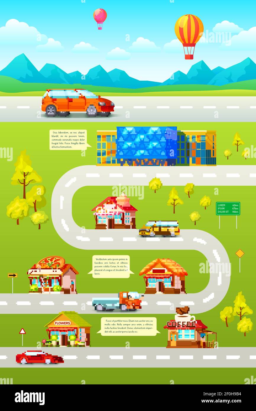 Orthogonal map poster with suburban road landscape orthogonal cars ...