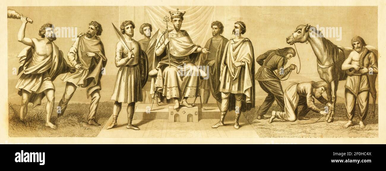 Antique illustration of European costumes. From left to right: 1 - Pre ...