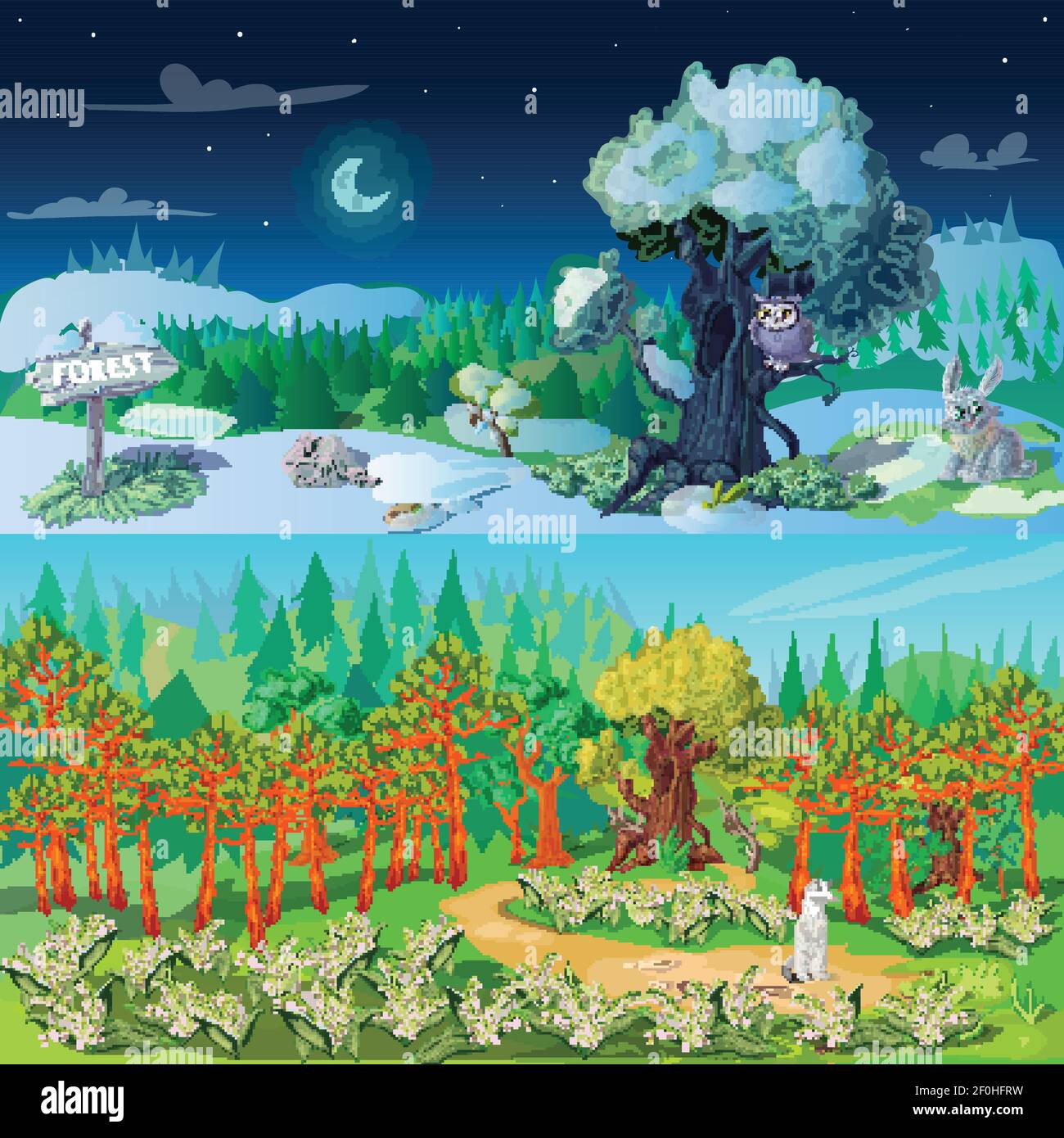 Two horizontal forest banners set with night wood and day scenery with ...