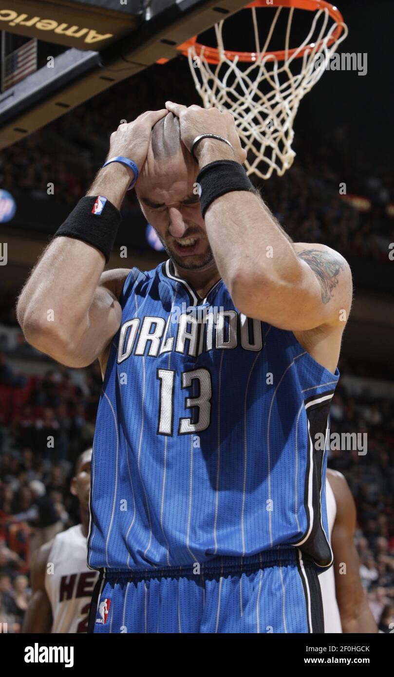 The Orlando Magic's Marcin Gortat reacts to a play during the fourth ...