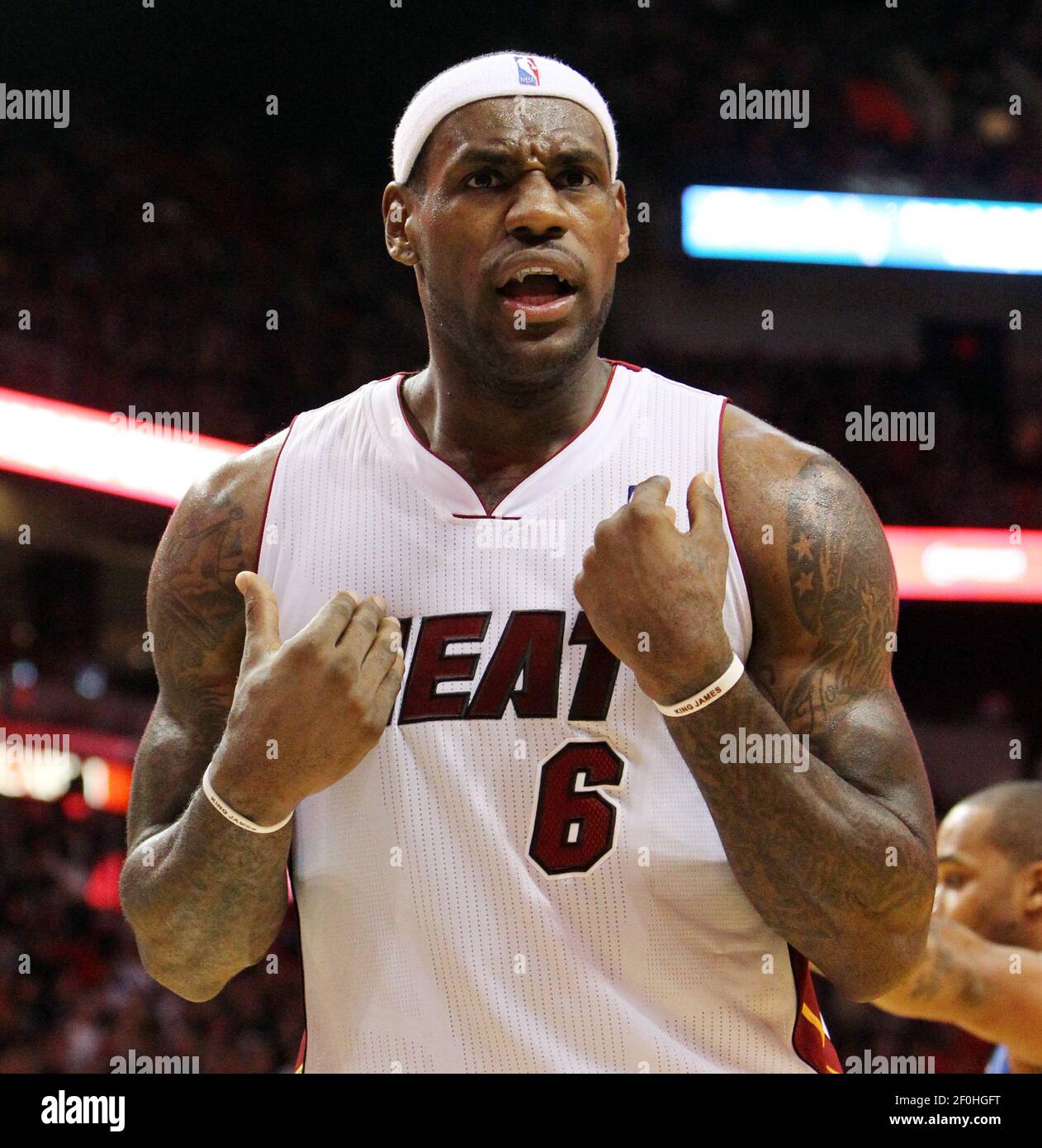 The Miami Heat's LeBron James argues a call during the second half ...