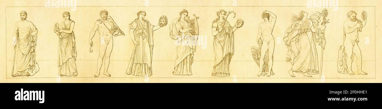 19th-century illustration of Gods from the classical period. From left ...