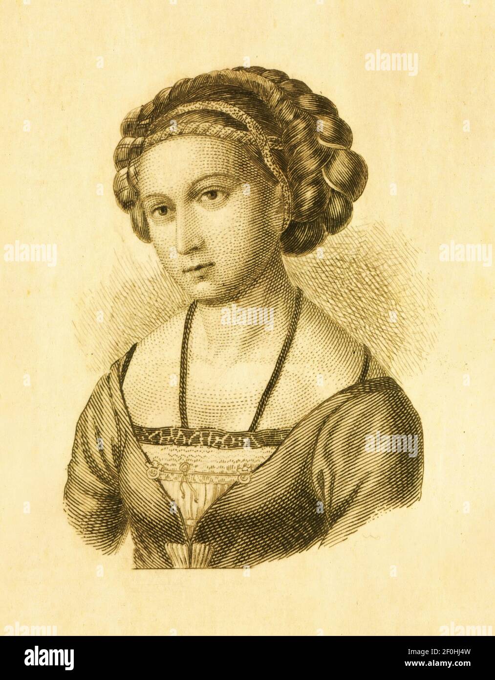 Antique engraving of a woman's hairstyle of c. 1500. Published in ...