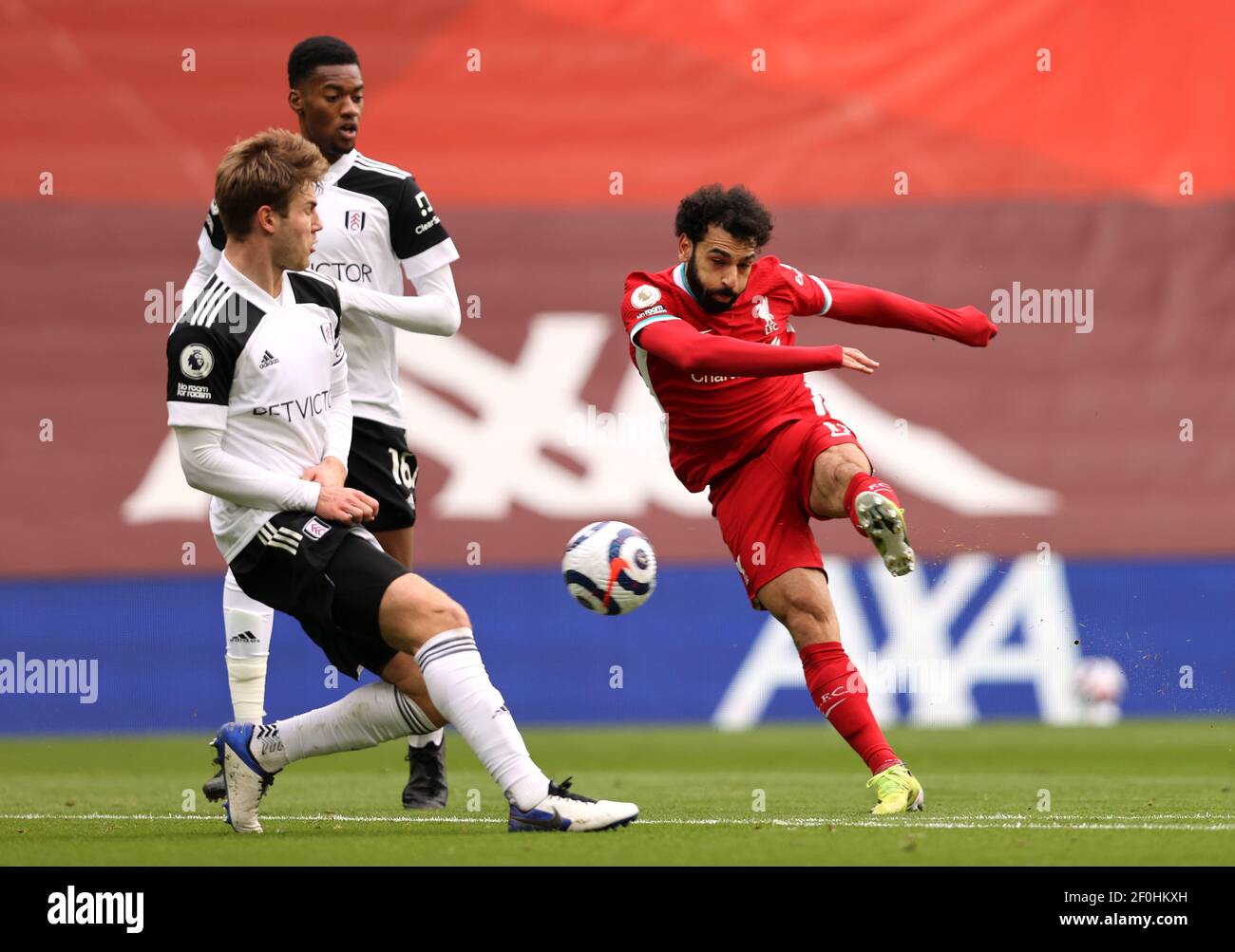 Liverpool's Mohamed Salah shoots during the Premier League match at ...