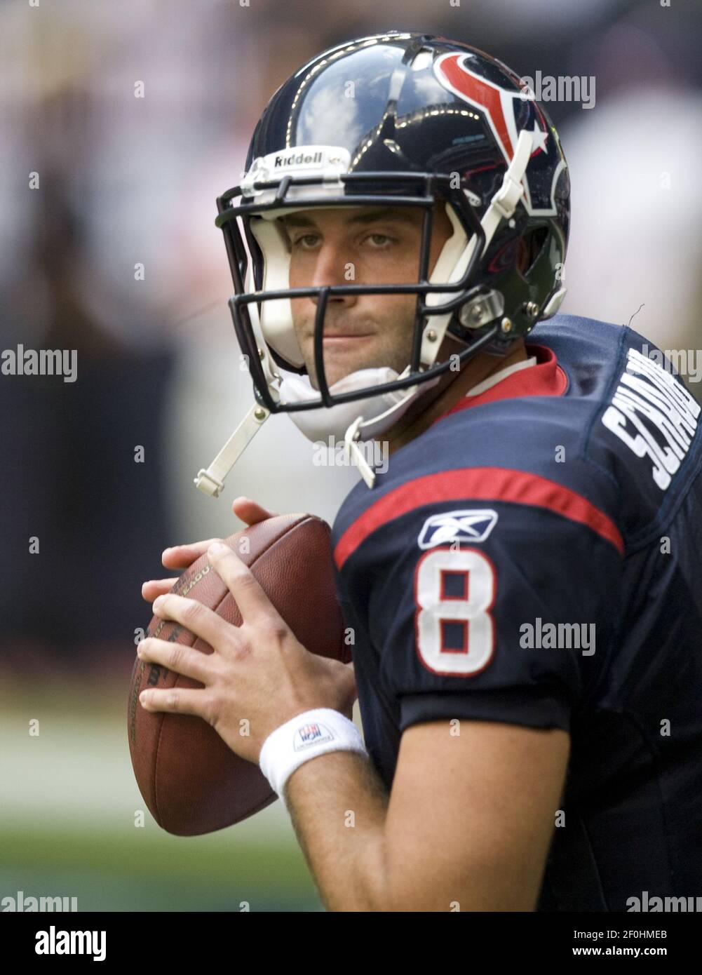Quarterback Matt Schaub (8) of the Houston Texans warms up before a 35 ...