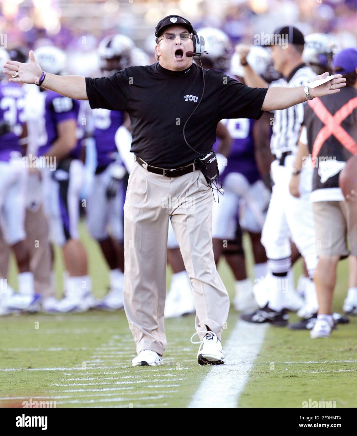 Texas Christian head coach Gary Patterson looks for a pass interference ...