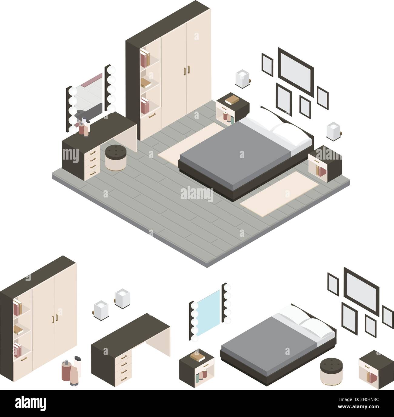 Colored isometric create a bedroom icon set with cabinets bed in studio ...