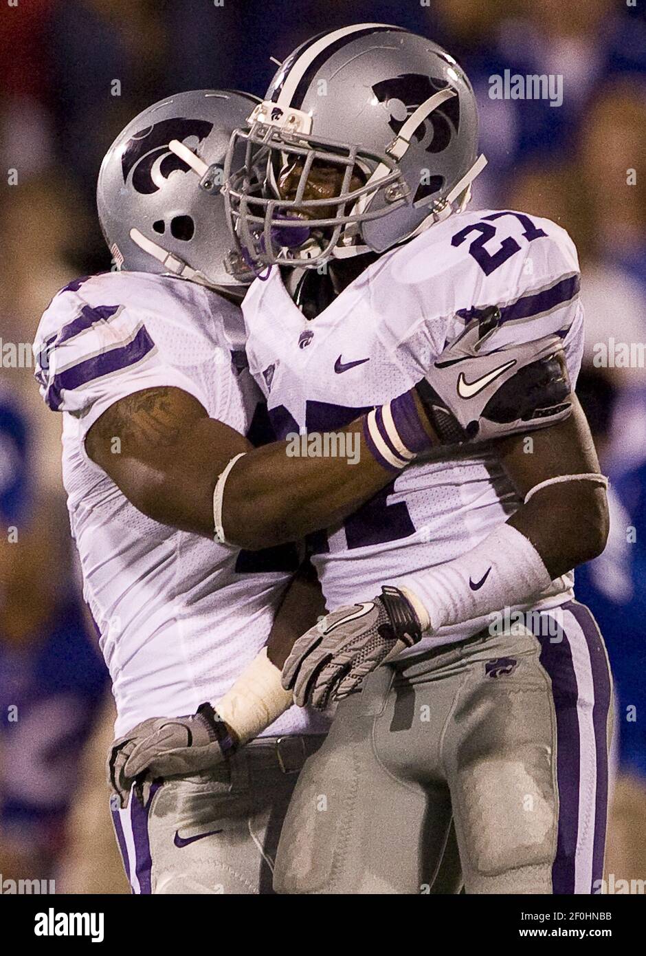 Kansas State cornerback David Garrett (27) is congratulated by Kansas ...