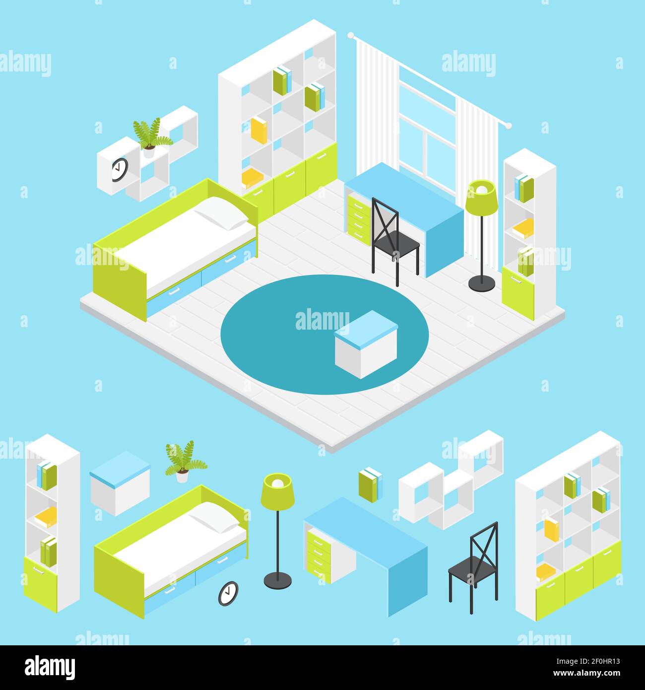 Children room composition in isometric with furnished room layout and ...