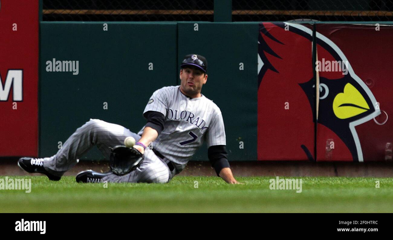 Colorado Rockies' Seth Smiths catches a line drive hit by St. Louis ...