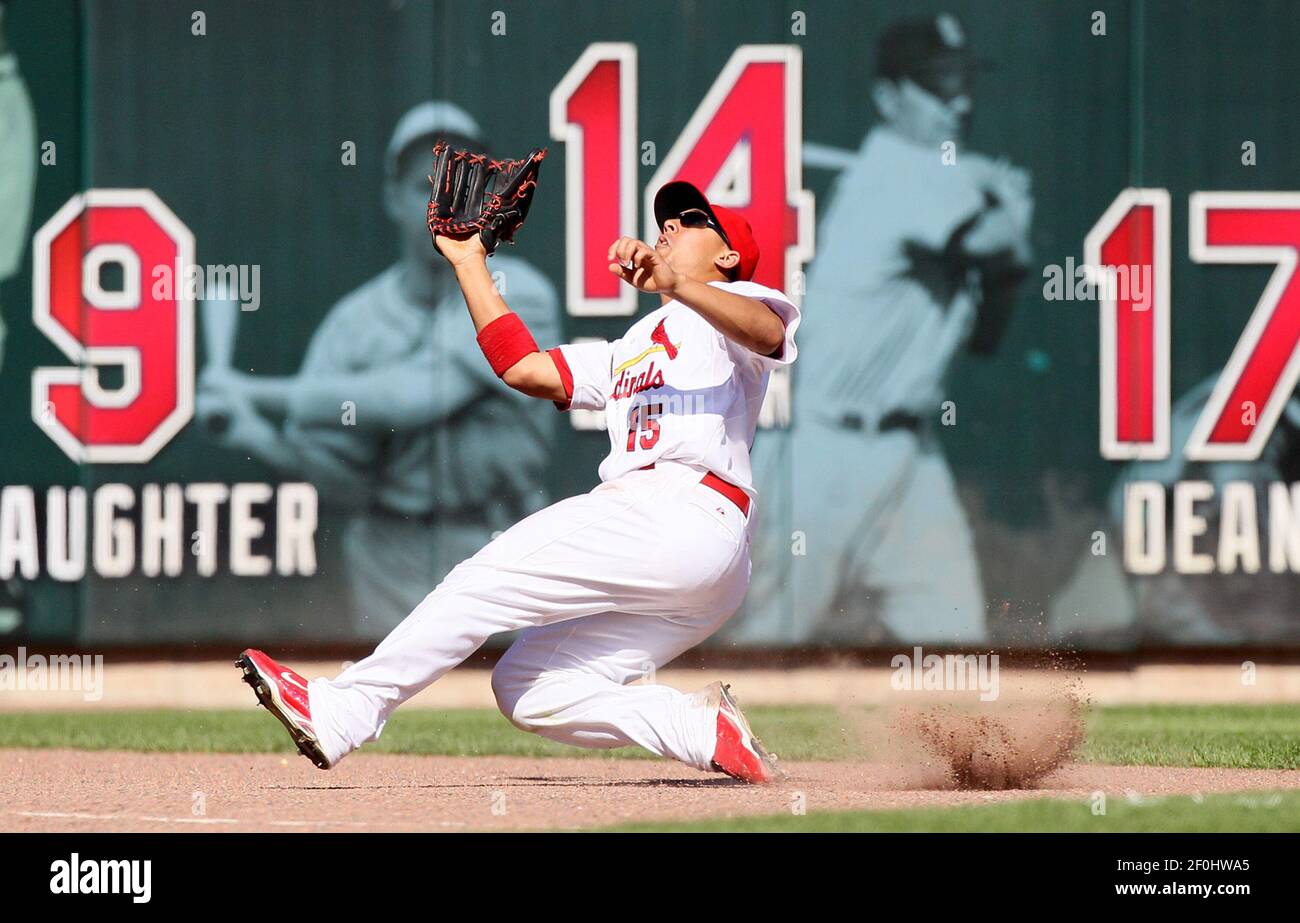 St. Louis Cardinals left fielder Jon Jay catches a sacrifice fly by ...
