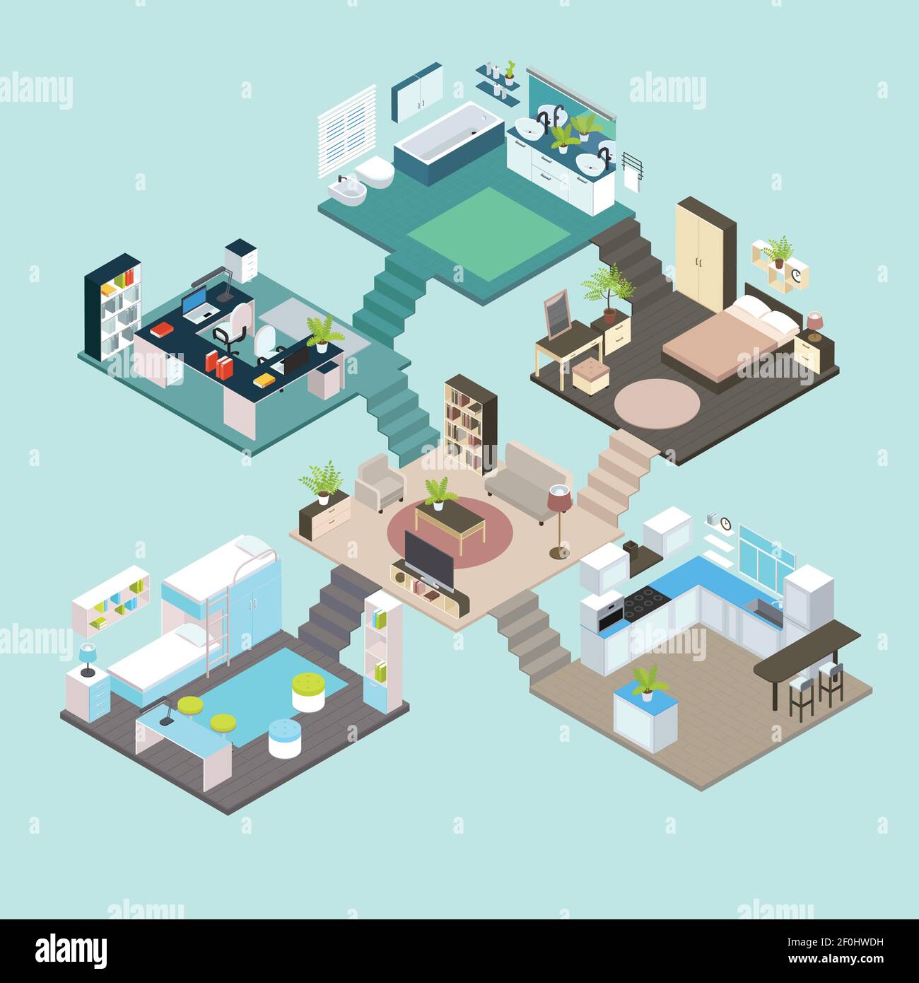 Isometric rooms composition on different floors with stairs in each ...