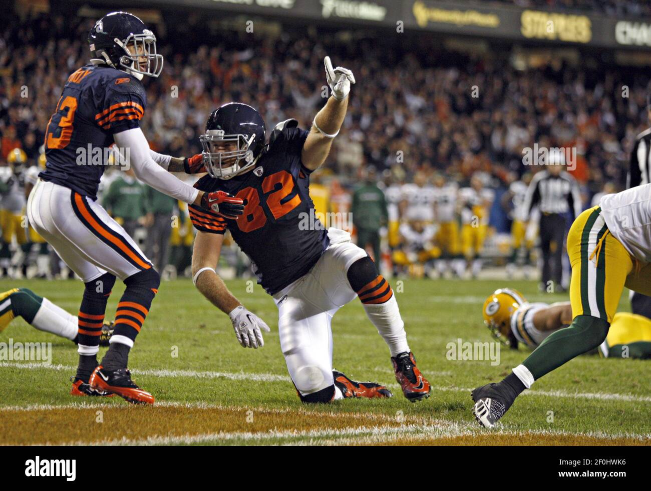 Chicago Bears Johnny Knox and Greg Olsen celebrate Olsen's touchdown in ...