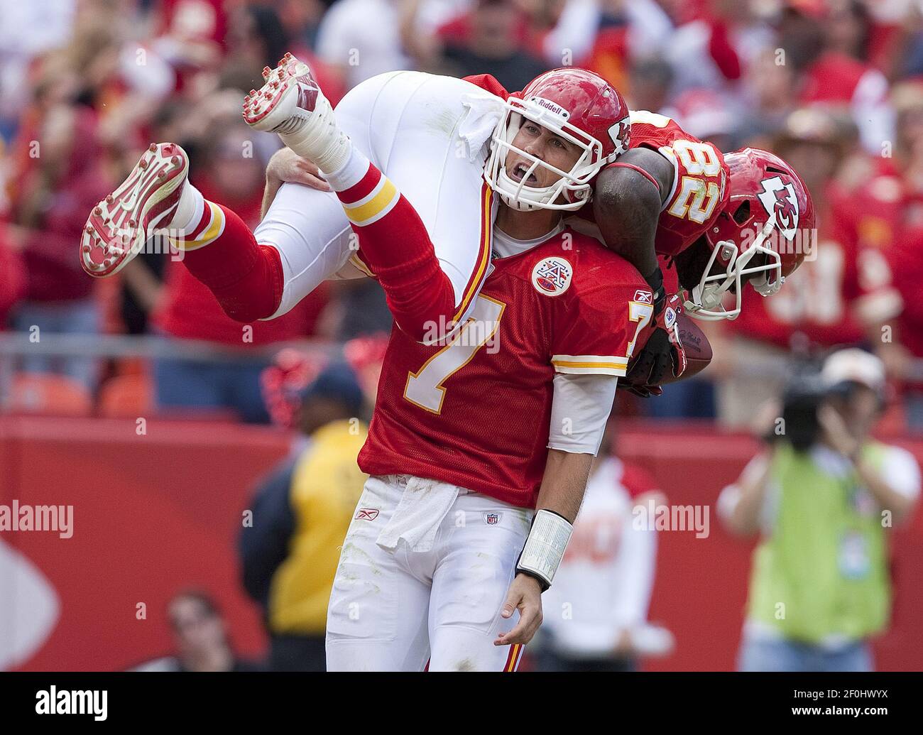 Kansas City Chiefs quarterback Matt Cassel lifted up receiver Dwayne Bowe after a 45-yard ...