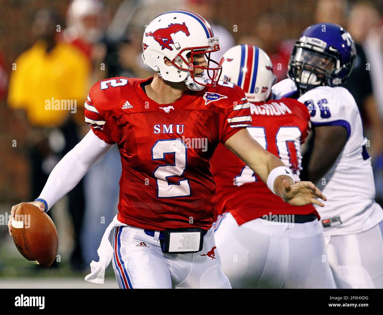 Southern Methodist University quarterback Kyle Padron (2) looks to pass ...