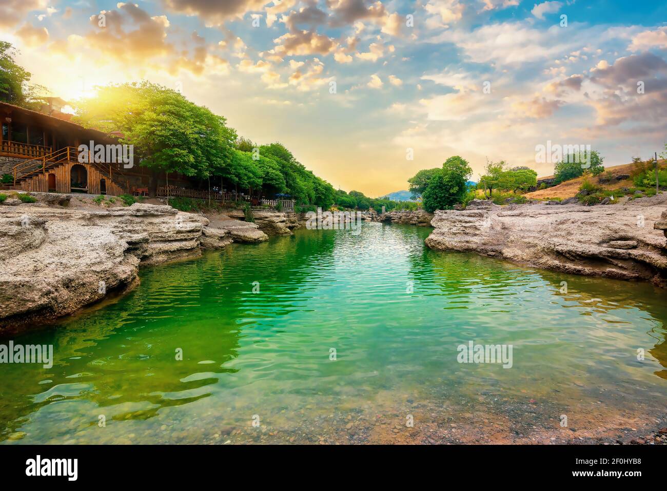 Canyon of the Cijevna river crossing the valley with waterfall ...