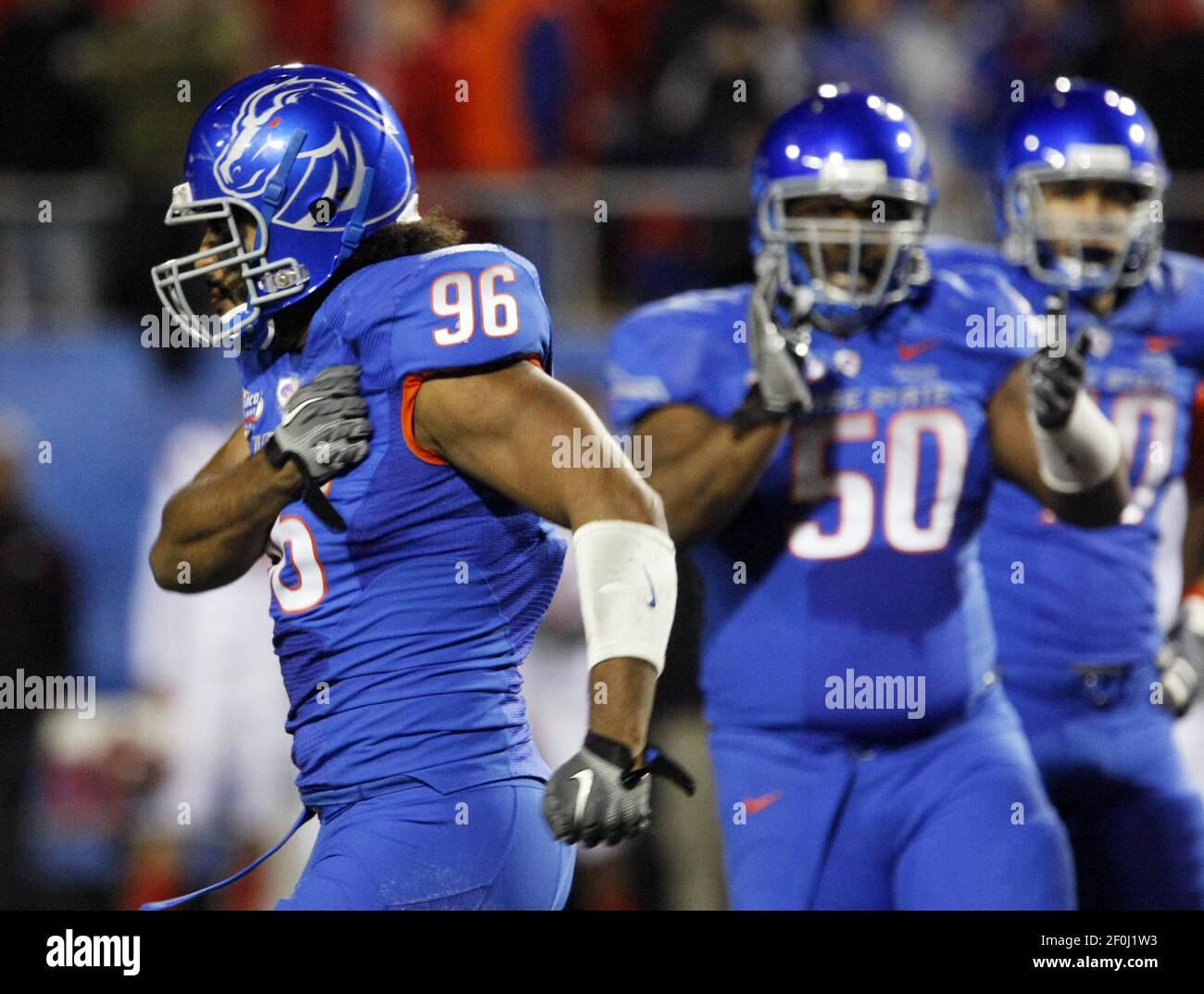 Boise State defensive lineman Jerrell Root (96) gets pumped with ...