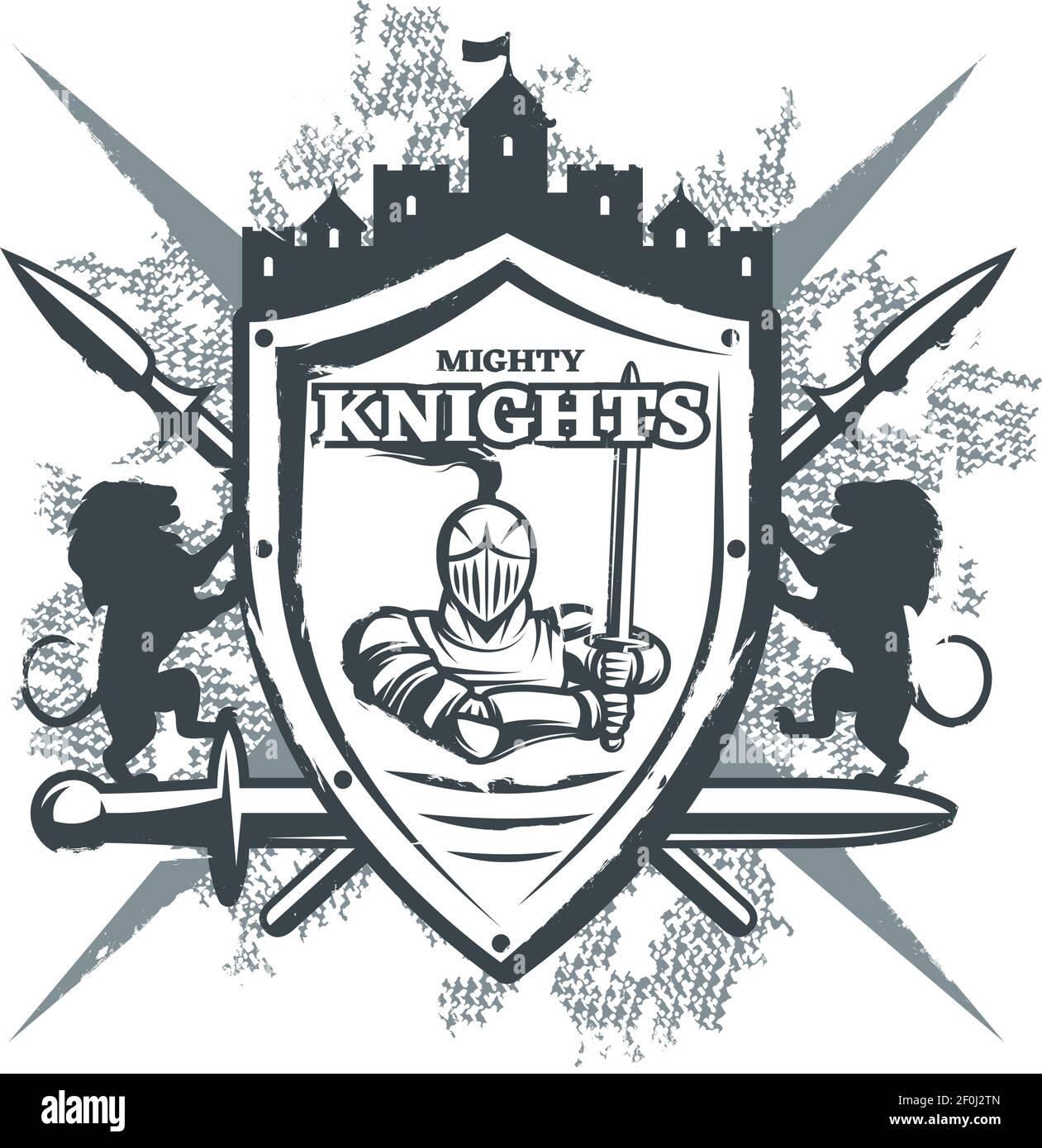 Mighty knights print with warrior at shield castle crossed weapon ...