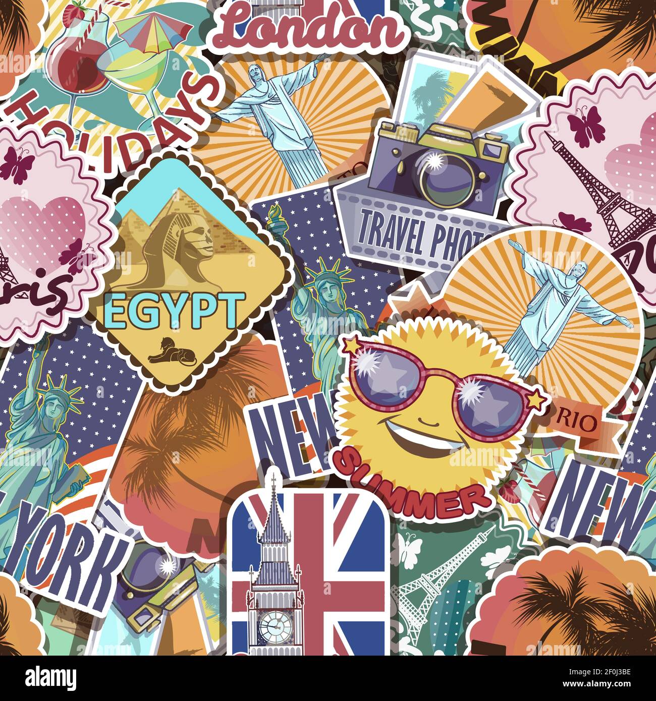 Colorful travelling pattern with stickers of various colour and shape ...