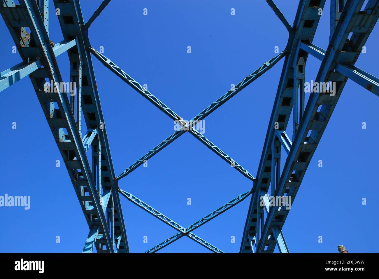Low angle view on isolated symmetrical industrial steel bridge deck ...