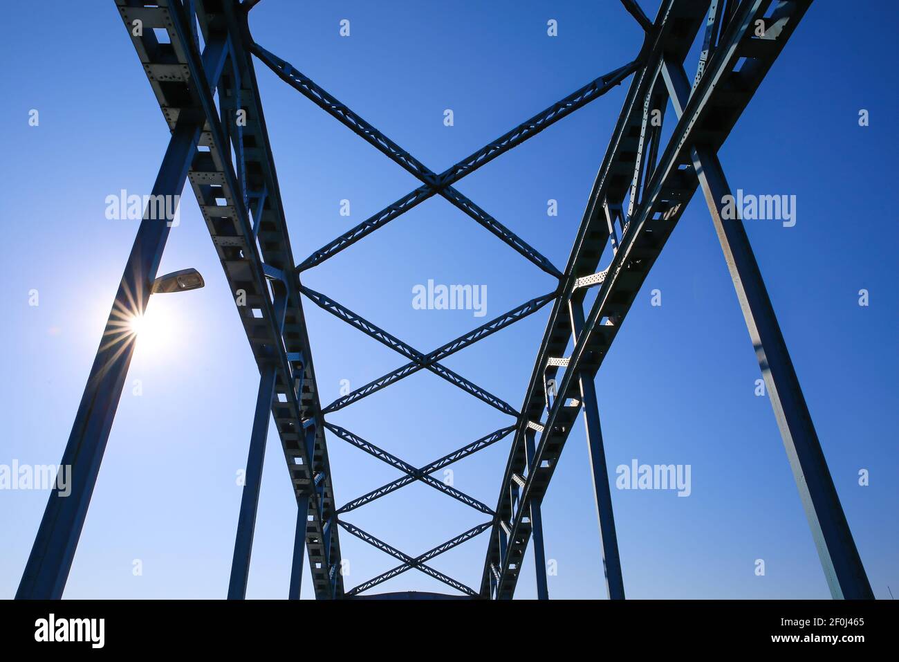 Low angle view on isolated symmetrical industrial steel bridge deck ...