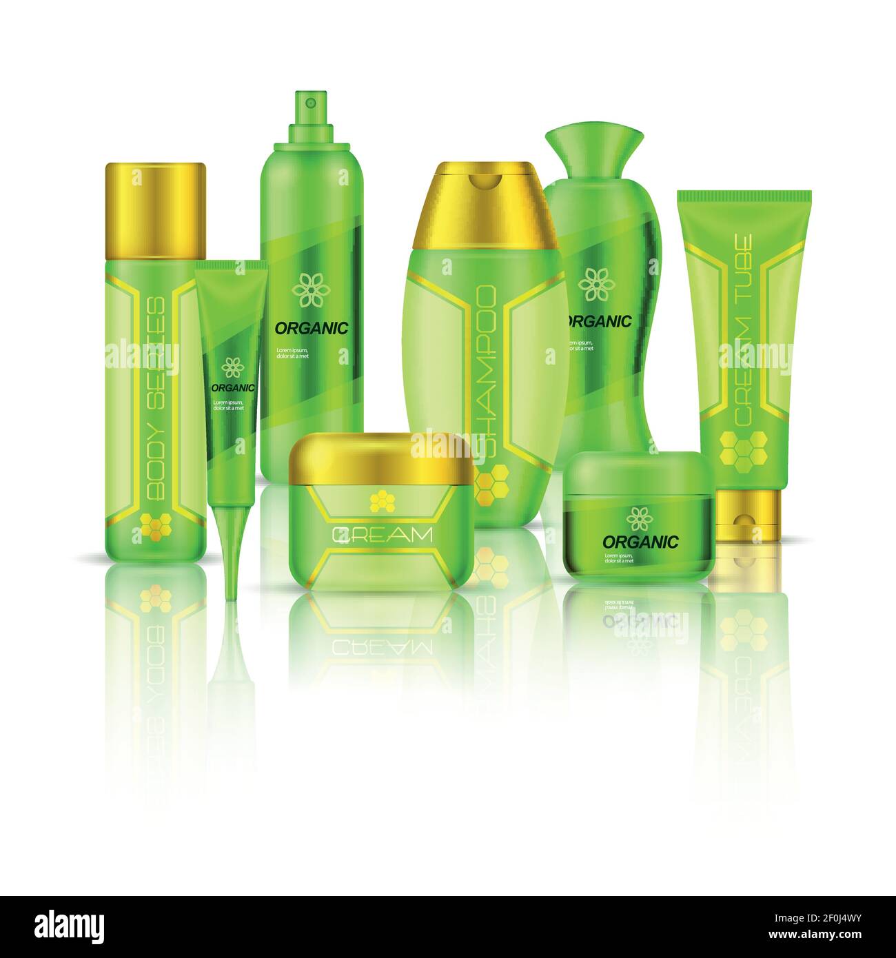 Cosmetics 3d composition in green color with body products of different ...
