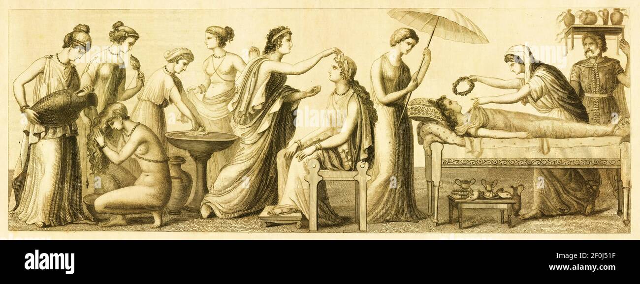 Antique engraving of scenes from life in ancient Greece. From left to ...