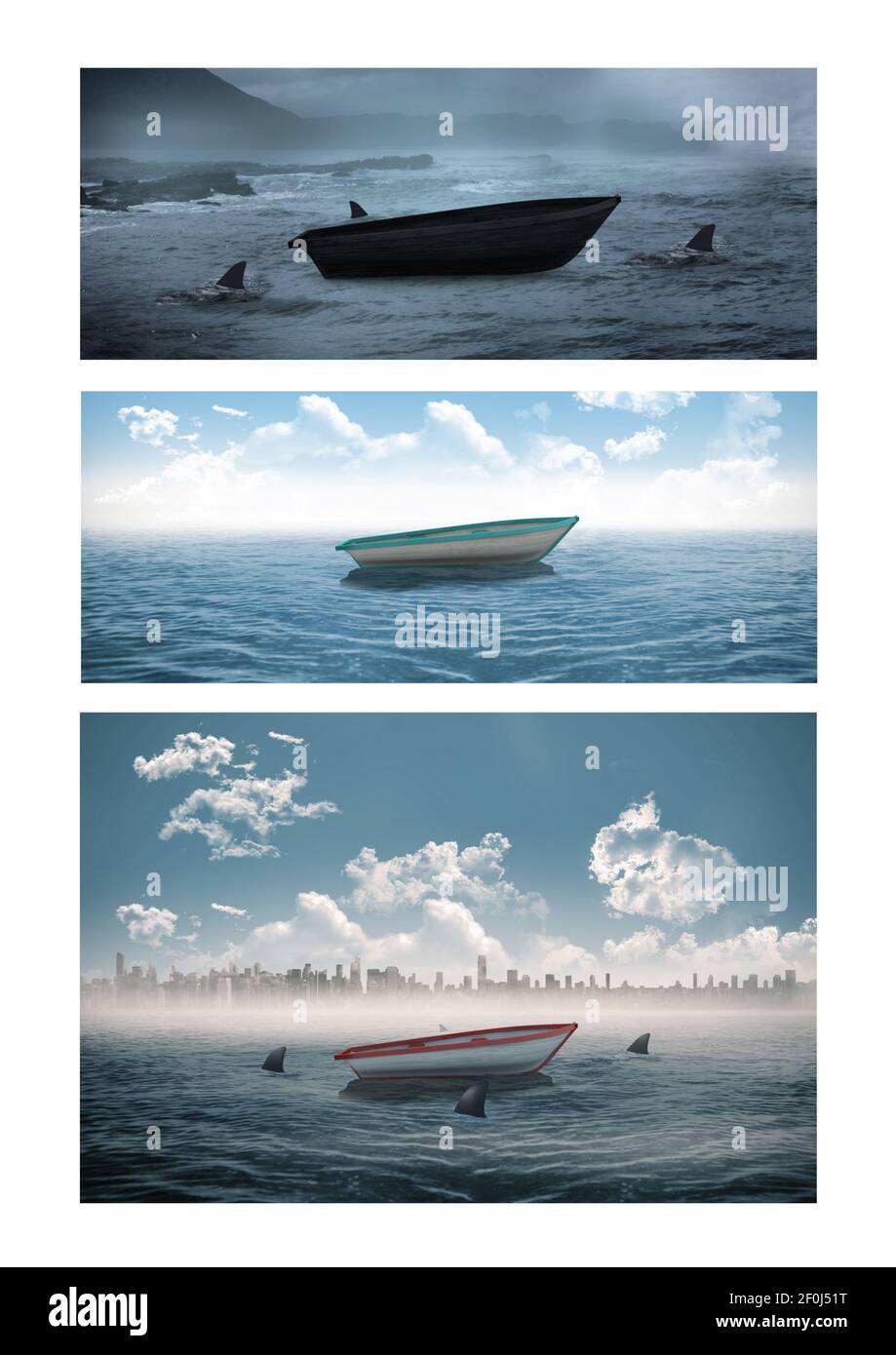 Composition of three photos with boat at sea Stock Photo - Alamy