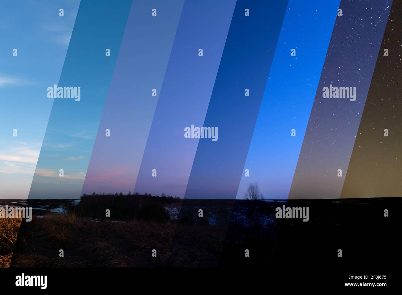 Different shade color the landscape from day to night. Time intervals ...