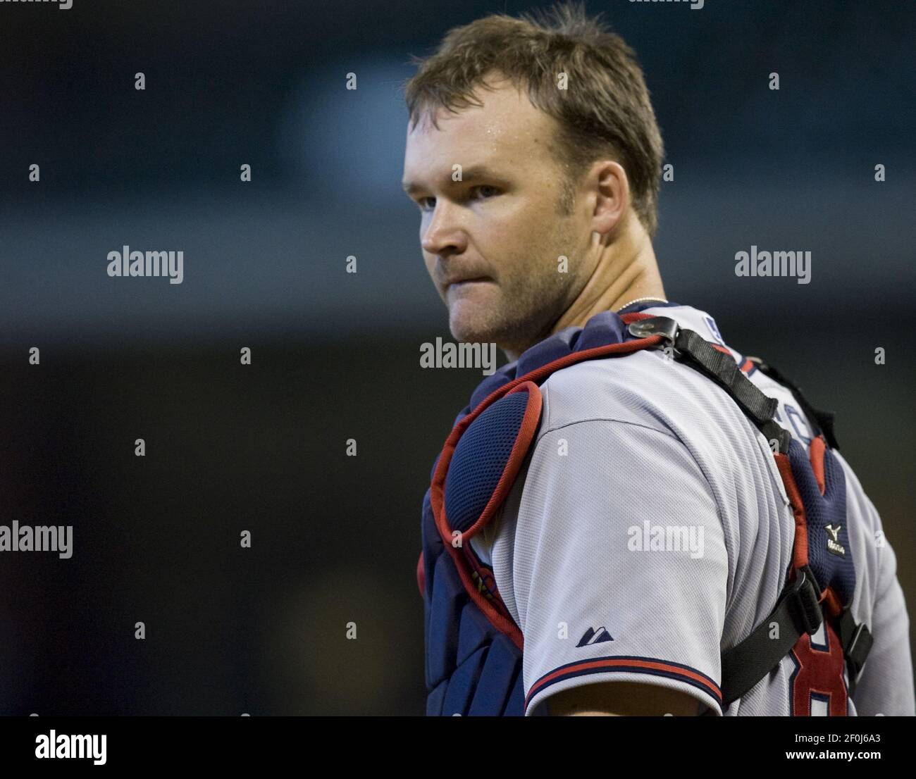Catcher David Ross (8) of the Atlanta Braves looks to the bench for ...