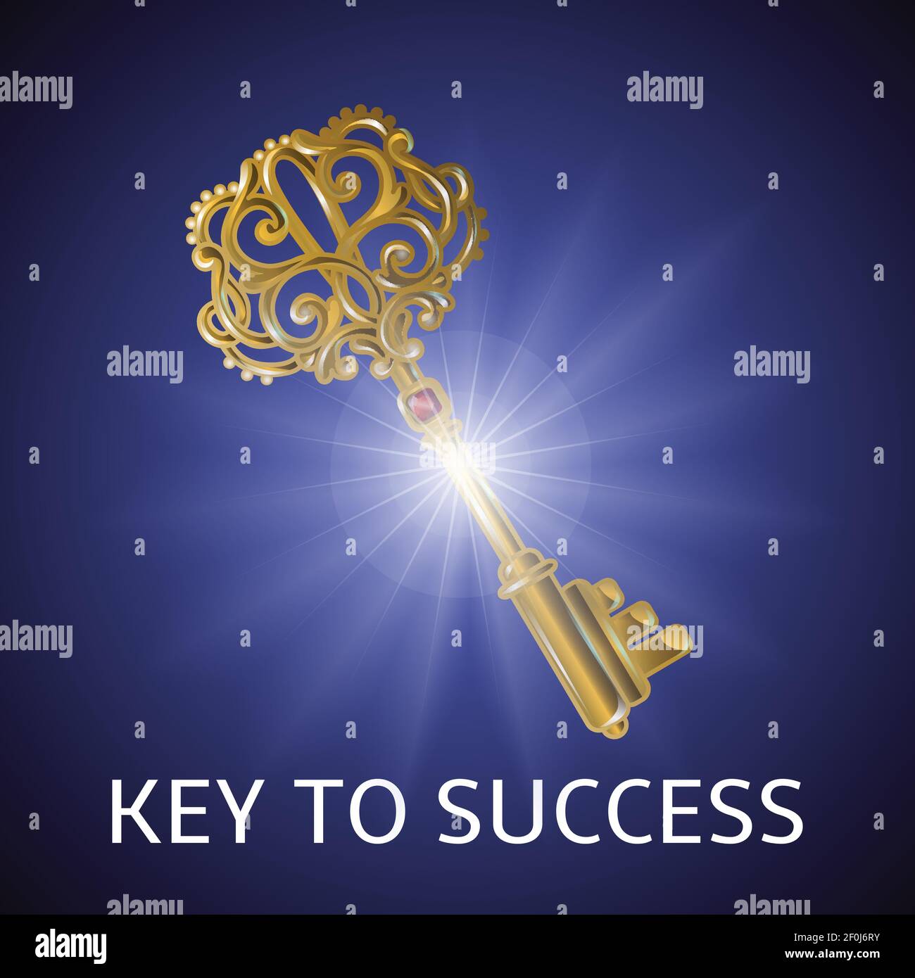 Old style decorative golden key in front of flower shaped light beam on ...