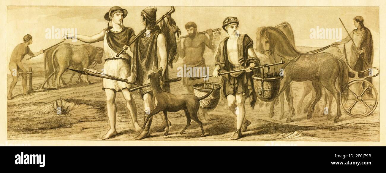 Antique engraving of scenes from life in ancient Greece. From left to ...