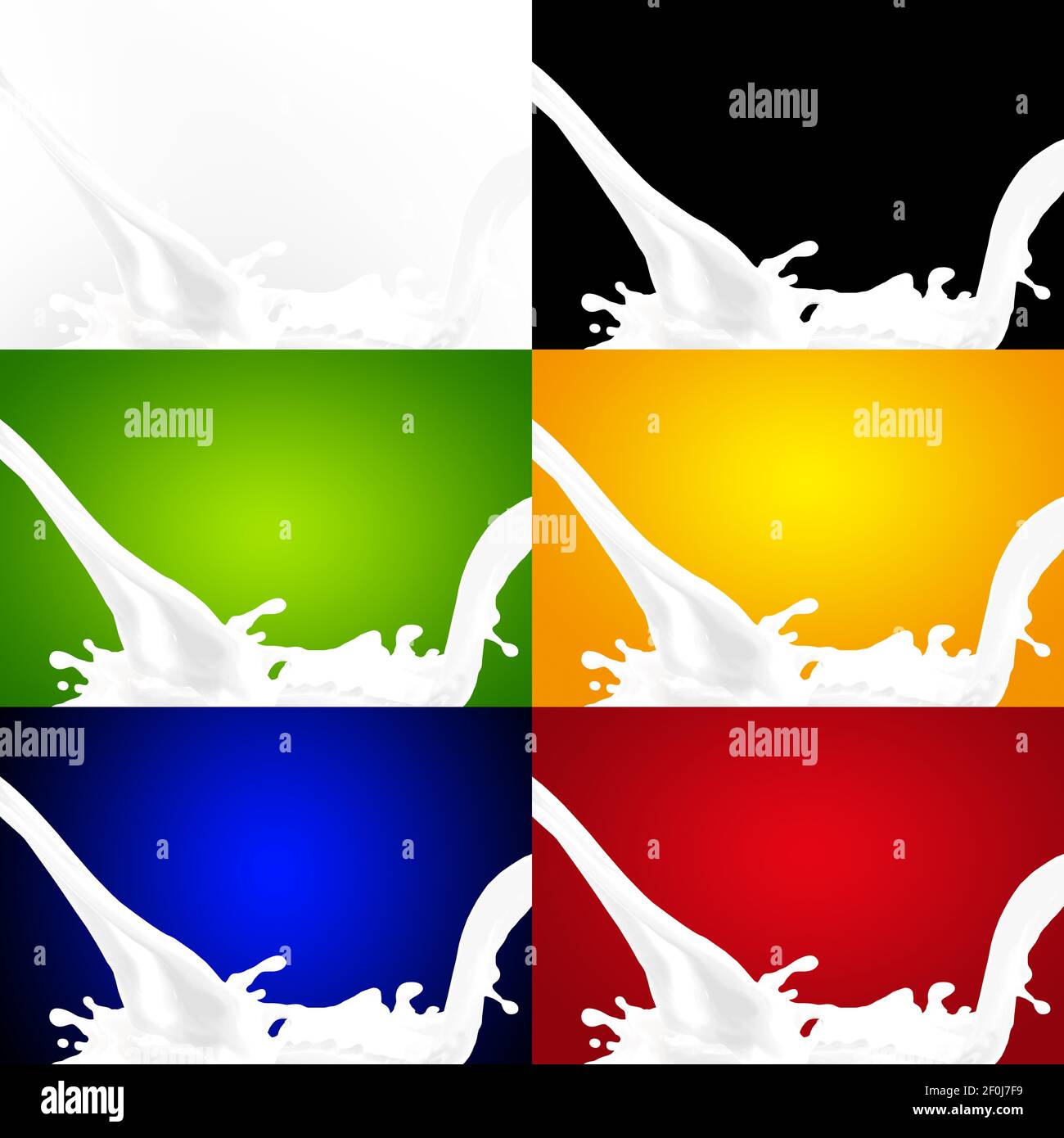 Set of six elements. Milk splash on colour background Stock Photo - Alamy