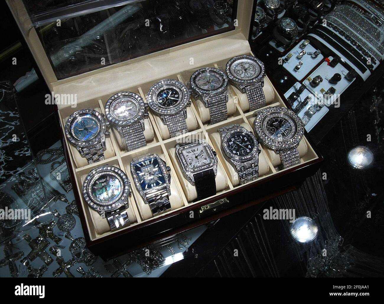 A box of custom diamond encrusted watches is shown at jeweler A.J ...