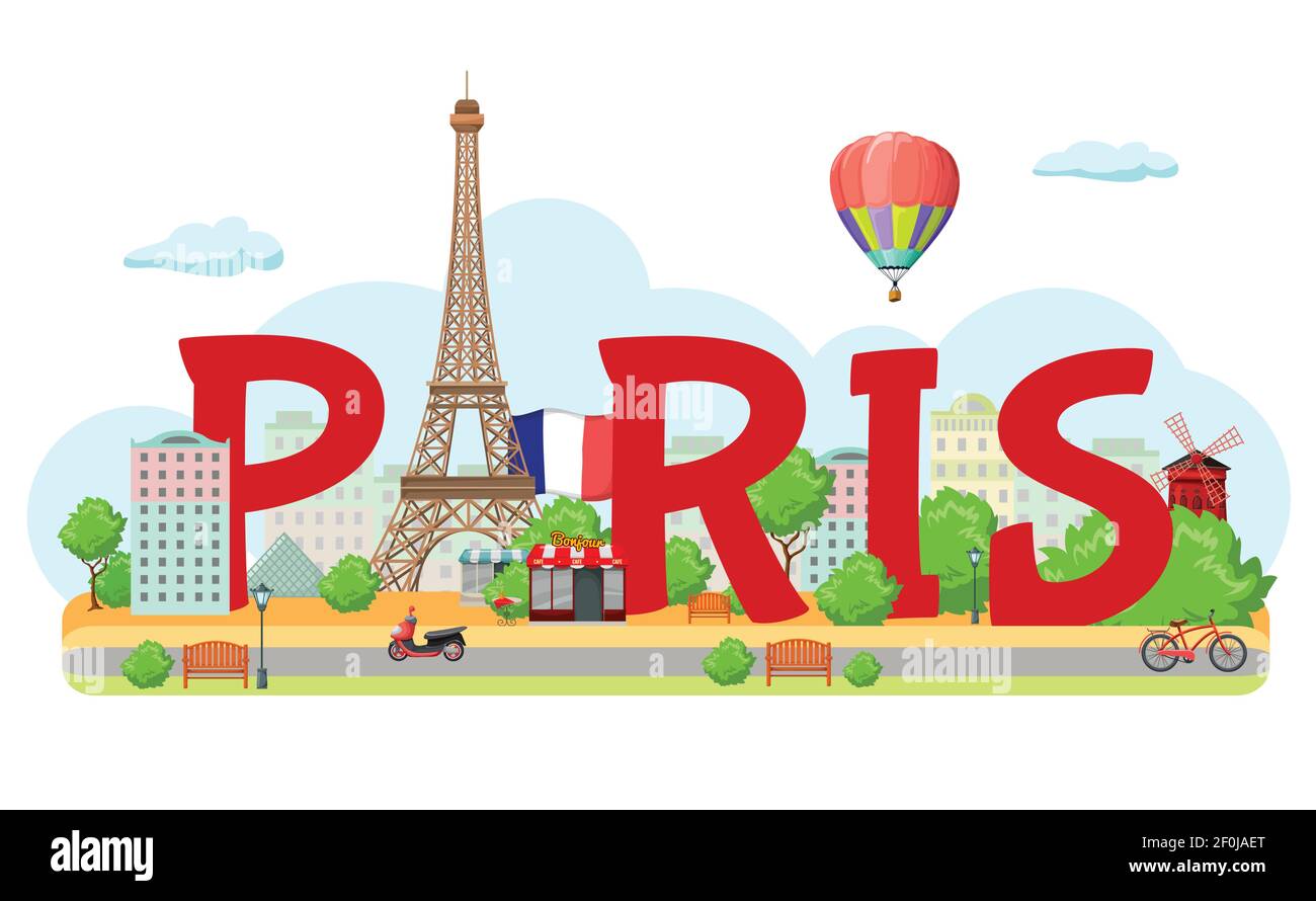 Colored paris city sign composition with big red letters and Eiffel ...