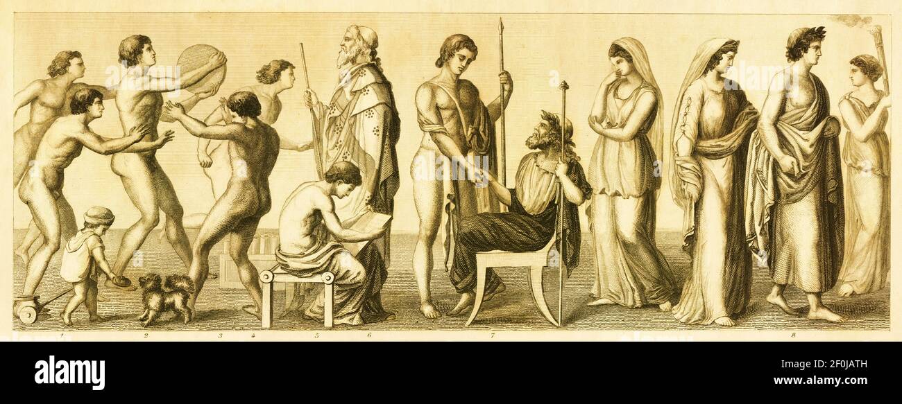 Antique illustration of scenes from life in ancient Greece. From left ...
